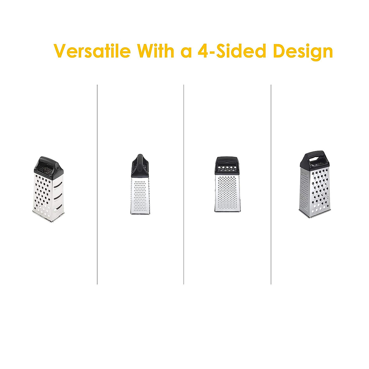 Stainless Steel Box Grater (9 x 4 x 3 inches), 4 Sided Hand Shaver, Grater and Slicer, Great for Parmesan Cheese, Vegetables, Ginger, XL Size, Black handle