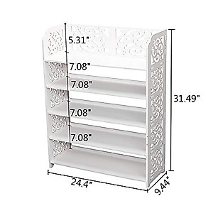 LeeMas White Wood Plastic Shoe Cabinet Carved Shoe Rack White Chic Hollow Shoe Tower Baroque Free Standing Shoes Storage Organizer Closet Shelves Holder Container (24.41 x 9.45 x 31.5), 5 Tiers
