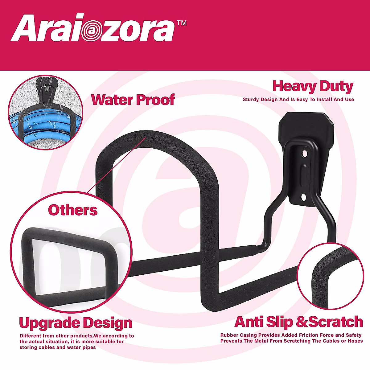 Araiozora Hose Holder Wall Mount,Heavy Duty Hanger Garden Water Hose Reels for Outside,Storage For 5/8" Garden Hose 100 FT 1 PC