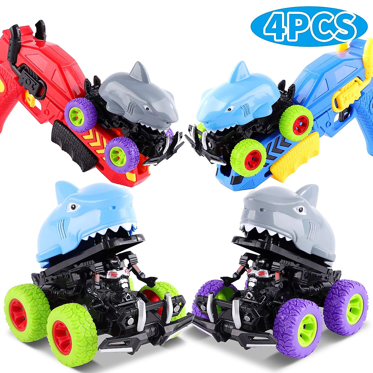 FiGoal Two Pack Shark Cars with Toy Gun Launchers Monster Toy Trucks, Friction Powered Toy Cars Vehicles for Boys and Toddlers Games Toys Gifts for Birthday