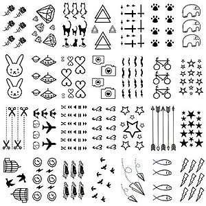 Oottati 30 Sheets Small Cute Temporary Tattoos Kit - Black Foot Print Camera Elephant Star Diamond Cross Bird Cat for Kids Women Men