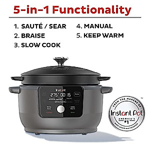 Instant Electric Round Dutch Oven, 6-Quart 1500W, From the Makers of Instant Pot, 5-in-1: Braise, Slow Cook, Sear/Sauté, Cooking Pan, Food Warmer, Enameled Cast Iron, Included Recipe Book, Black
