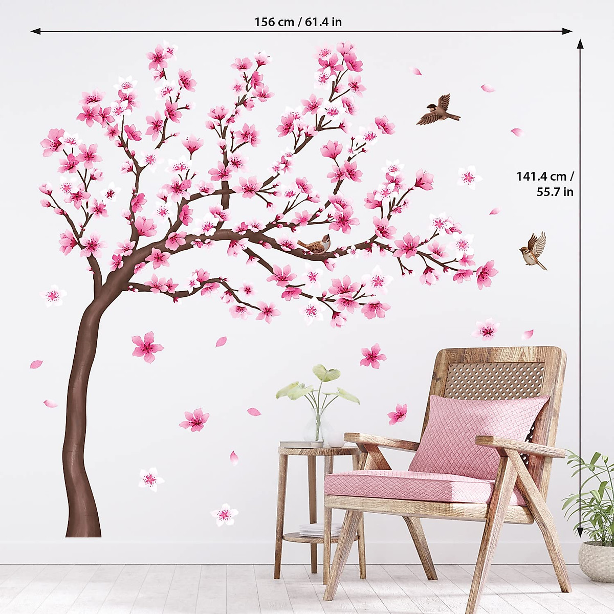 DECOWALL SG4-2306 Cherry Blossom Tree Wall Stickers Decals Peel and Stick Removable Wall Stickers for Kids Nursery Bedroom Living Room décor Floral Bird Furniture Art Baby Birch
