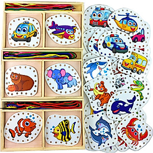 Matty's Toy Stop Deluxe Lacing Shapes (10 Count) Vehicles, Fish & Jungle Animals Educational Gift Set Bundle - 3 Pack (30 Shapes Total)