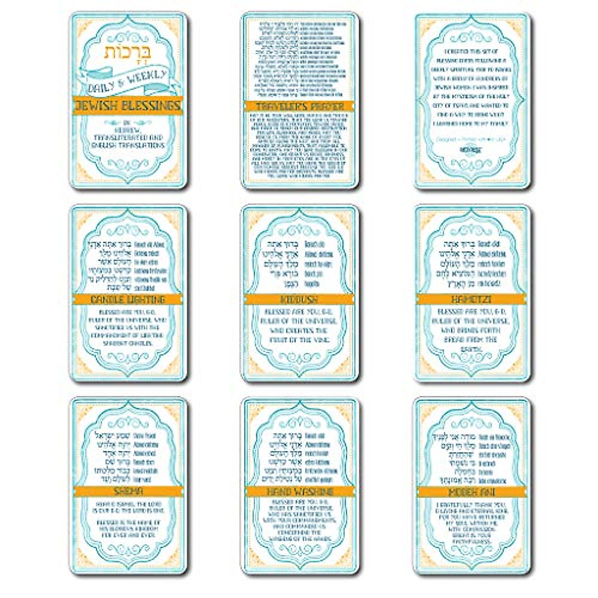 8 Jewish Prayer Hand Held Cards - Essential Hebrew Translations for Blessings | Printed in USA by Ritzy Rose (Prayer Cards)