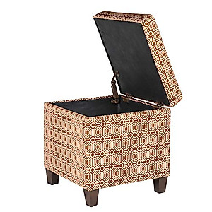 HomePop Upholstered Storage Cube Ottoman with Hinged Lid, Orange Geometric