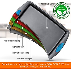 NutriChef 3-Piece Baking Pan Set - PFOA, PFOS, PTFE Free Flexible Nonstick Gray Coating Carbon Steel Bakeware - Professional Home Kitchen Bake Cookie Sheet Stackable Tray w/Blue Silicone Handles