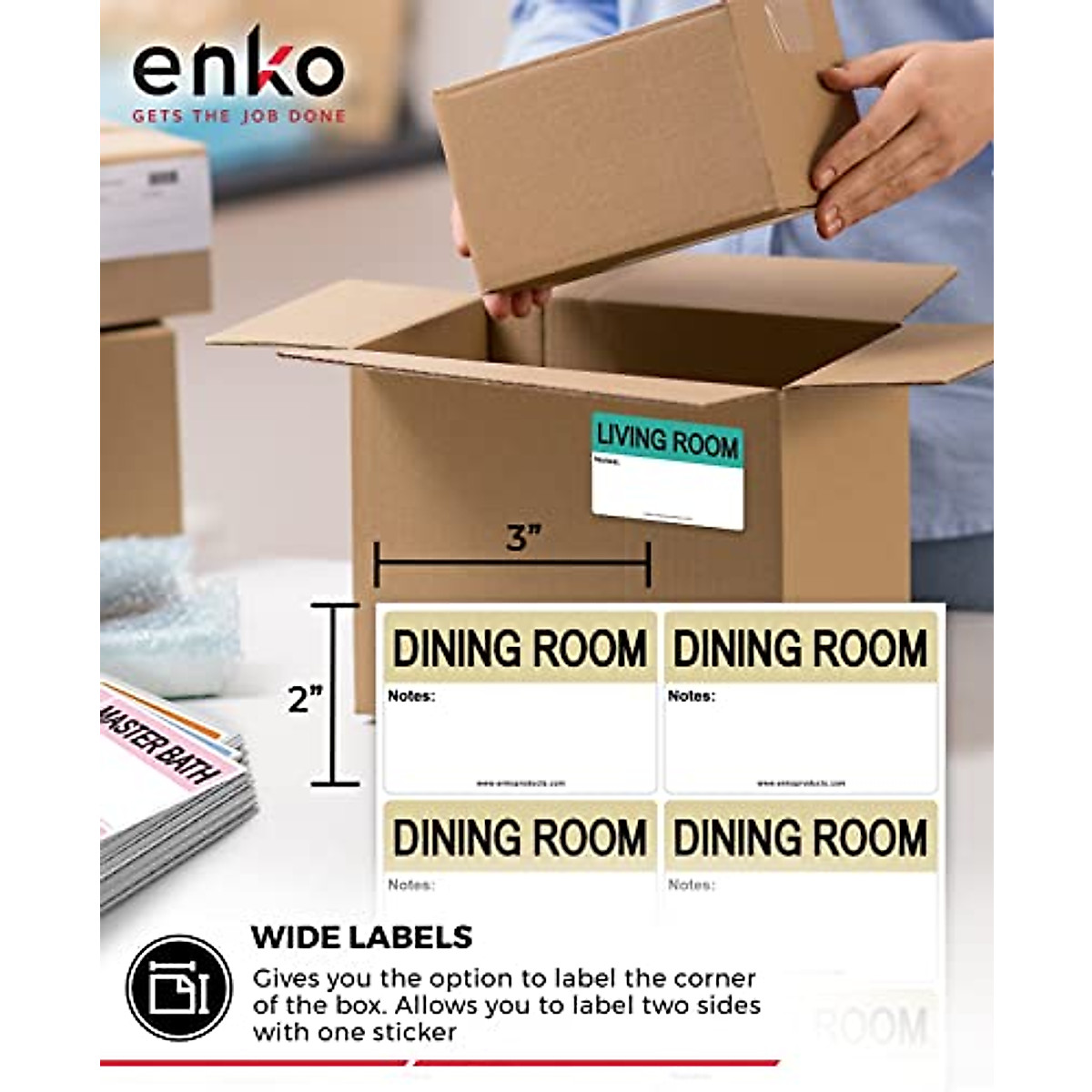 enKo - 2 x 3 Inch Extra Large Home Moving Packing Labels Stickers for Box - Color Coded for Boxes, Packing Box Fragile Stickers (800 Labels, 4 Bedroom House)