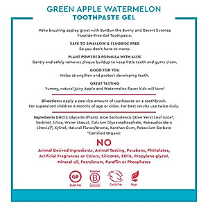 Desert Essence, Green Apple Watermelon Toothpaste Kids Gel, 4.7 oz. - Safe to Swallow, Fluoride Free, SLS Free, Gluten-Free, Vegan, Plant Powered Formula, Great Tasting, Removes Plaque and Buildup