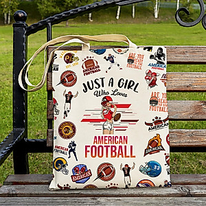 SUNFYCN Just a Girl who loves American Football Tote Bag, Football Lovers Gift Bag, Tote bag Gifts for Girl Women Reusable Grocery Beach Shopping Shoulder Bags13ST012