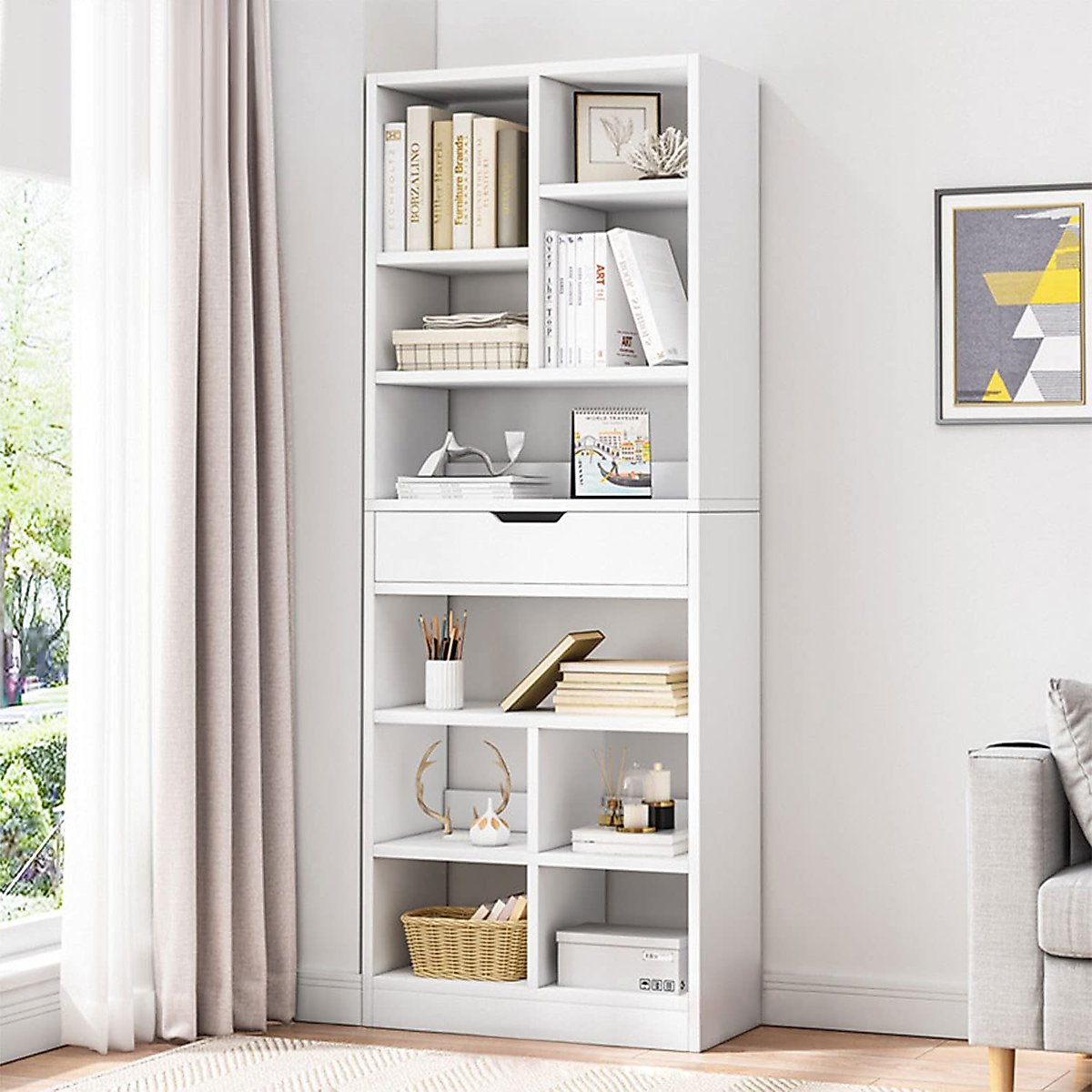 IOTXY Wooden Open Shelf Bookcase - 71 Inches Tall Freestanding Display Storage Cabinet Organizer with 10 Cubes and a Drawer, Floor Standing Bookshelf in Warm White