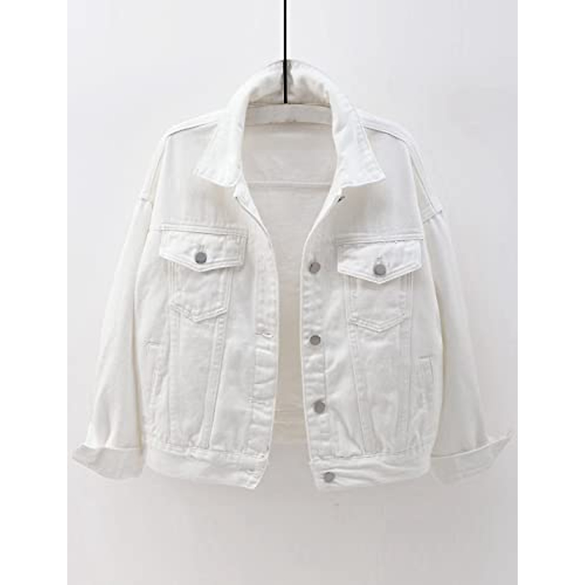 Locachy Women's Casual Denim Jacket Solid Color Basic Long Sleeve Jean Jacket Coat White XL