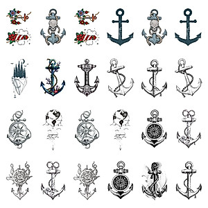 SanerLian Anchor Ship Temporary Tattoo Sticker Waterproof Vintage Adult Men Women Hand Arm Shoulders Body Art 10.5X6cm Set of 24 (SF188)