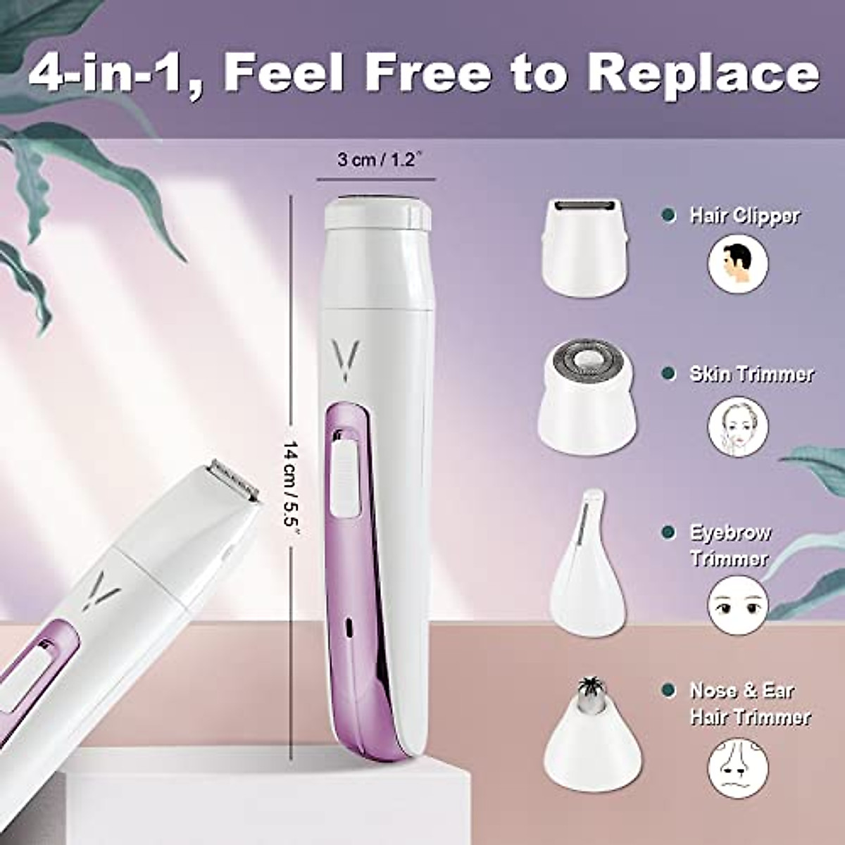 Face Razors for Women, Rechargeable 4 in 1 Facial Hair Removal and Eyebrow Nose Trimmer, Painless Bikini Trimmer, Shaver for Body, Arms, Armpit, Peach Fuzz on Upper Lip and Chin, Waterproof, Plum
