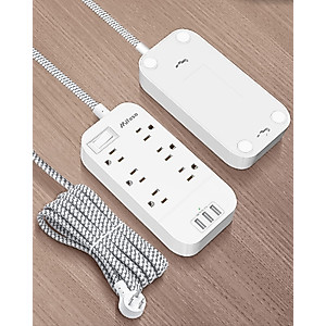 Power Strip - 10 FT Long Flat Plug Extension Cord, 6 Outlets 3 USB Ports Outlet Extender with Overload Protection, Wall Mount, Desktop Charging Station for Home, Office and Dorm Essential