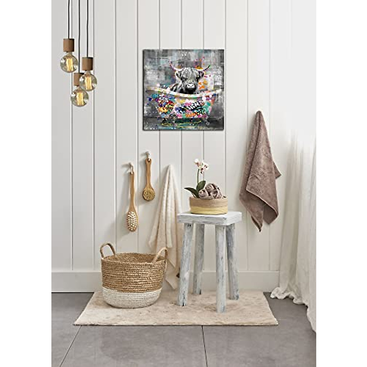 Kepgonegu Highland Cow Bathroom Wall Art Banksy Graffiti Canvas Wall Art Black and White Wall Art Ready to Hang Size 14”W x 14”H