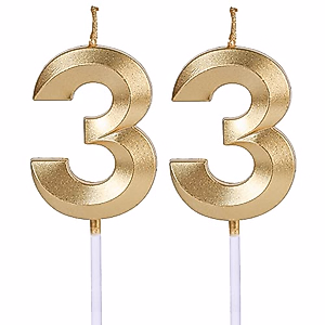 Gold 33rd Birthday Candles for Cakes, Number 33 3 Candle Cake Topper for Party Anniversary Wedding Celebration Decoration