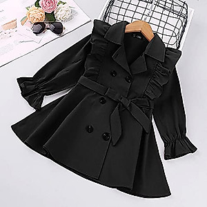 GLIGLITTR Toddler Baby Girl Fall Double Breasted Ruffle Trim Belted Trench Coat Winter Long Sleeve Casual Windbreaker Outerwear (Black, 18-24Months)
