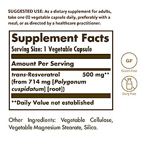 Solgar Resveratrol 500 mg, 30 Vegetable Capsules - Antioxidant Protection - Gluten Free, Dairy Free - 30 Servings