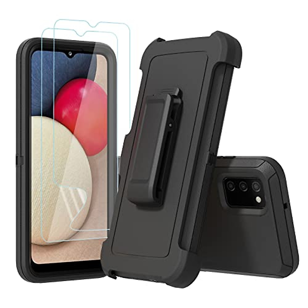 Compatible with Samsung Galaxy A02s Case,with Screen Protectors,Heavy Duty Rugged Shockproof Full Body Protection Kickstand Case with Belt Clip Holster for Samsung Galaxy A02s (Black)