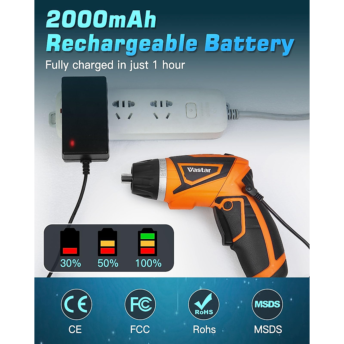 Vastar 8V Cordless Electric Screwdriver, 89Pcs Rechargeable Power Magnetic Screwdriver Kit in Carrying Case, with 10+1 Torque Settings, Dual Position Handle, Battery Indicator, Flexible Shaft, LED