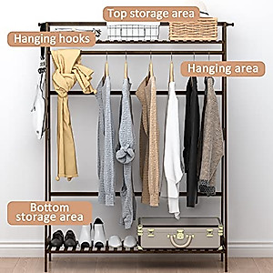 UDEAR Bamboo Clothing Rack with Shelves,Freestanding Garment Rack,Hanging Clothes Rack for Bedroom,Large（Brown）