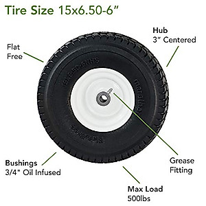 Marathon 30426 15x6.50-6" Flat Free Lawnmower Tire on Wheel, 3" Hub, 3/4" Bushings