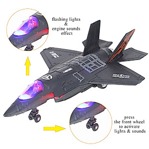 OTONOPI Fighter Jet Military Plane Model F-35 Aircraft Army Air Force Diecast Metal Pull Back Bomber Attack Plane with Lights and Sounds for Kids or Commemorate Collection