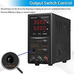 DC Power Supply Variable, Hyelec 30V 5A Adjustable Switching Regulated DC Bench Power Supply with 4 Digits LED Display, Data Hold,Coarse and Fine Adjustment with 110V Alligator Leads