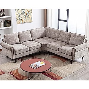 ClassHouze Sectional Sofa Couches for Living Room with Scroll Arms, Modern Chenille Fabric L Shaped Couch Sectional Couch with Gourd Shaped Solid Wood Legs, Grey