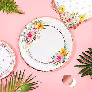 HOMIX Floral Paper Plates and Napkins Cups Sets Pink Flower Tea Party Supplies Disposable Dinnerware Sets Serves 24 for Bridal Shower, Birthdays