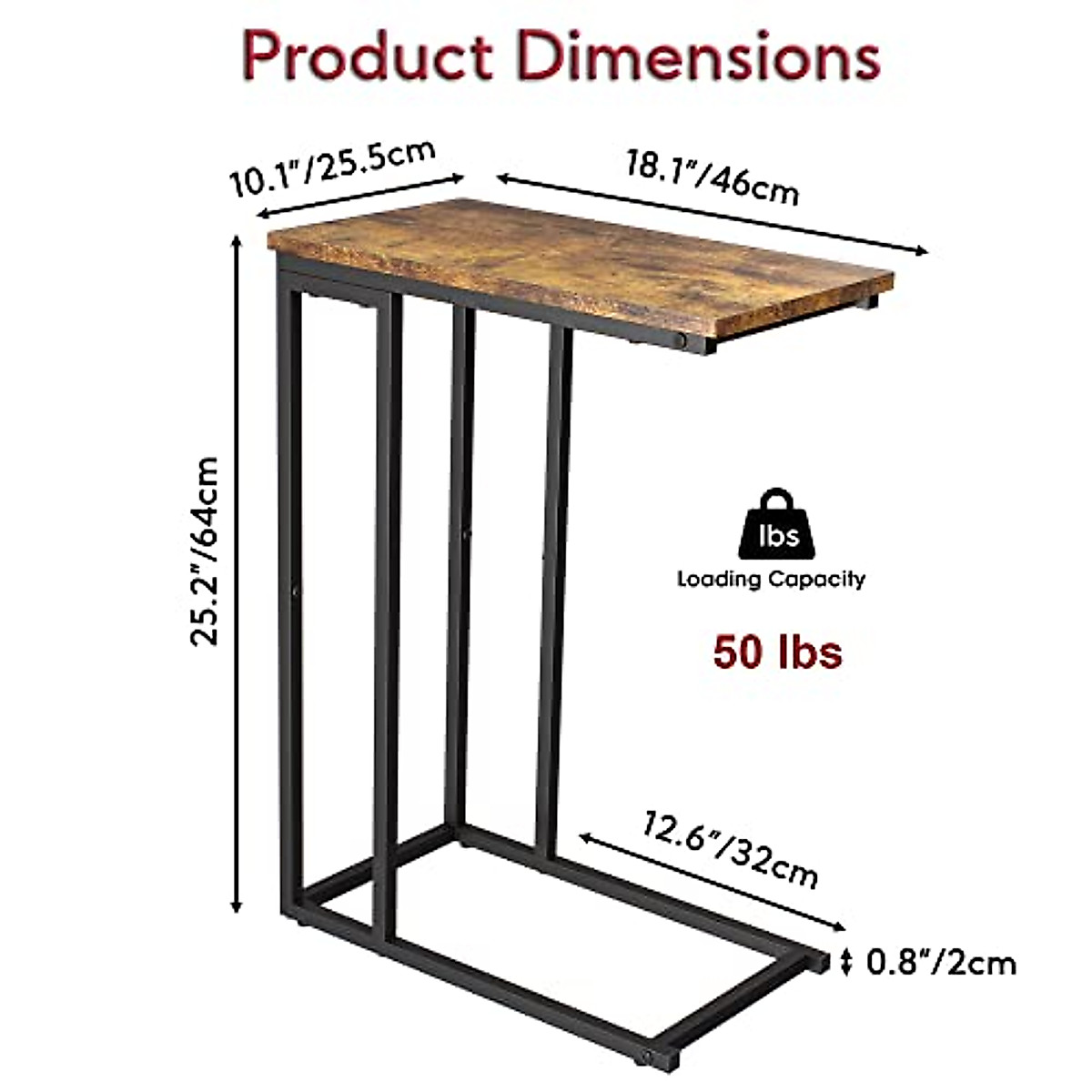 Yusong Small C Shaped End Table, Slim Couch Side Tables Slide Under Sofa Bed, Skinny Snack Tray Table for Coffee Laptop in Living Room,Easy Assembly, Rustic Brown