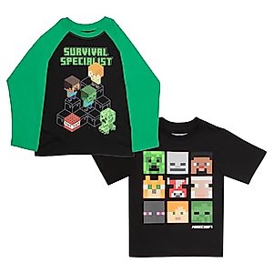 Minecraft Boys Video Game Character Graphics Long Short Sleeve Tees, Black, 4