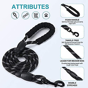 Petmegoo 5ft 1/2in Heavy Duty Black Dog Leash for Large Dogs & Medium Size Dogs - Highly Reflective Heavy Duty Dog Rope Leash with Soft Padded Anti-Slip Handle- for 18-120 lbs Dogs