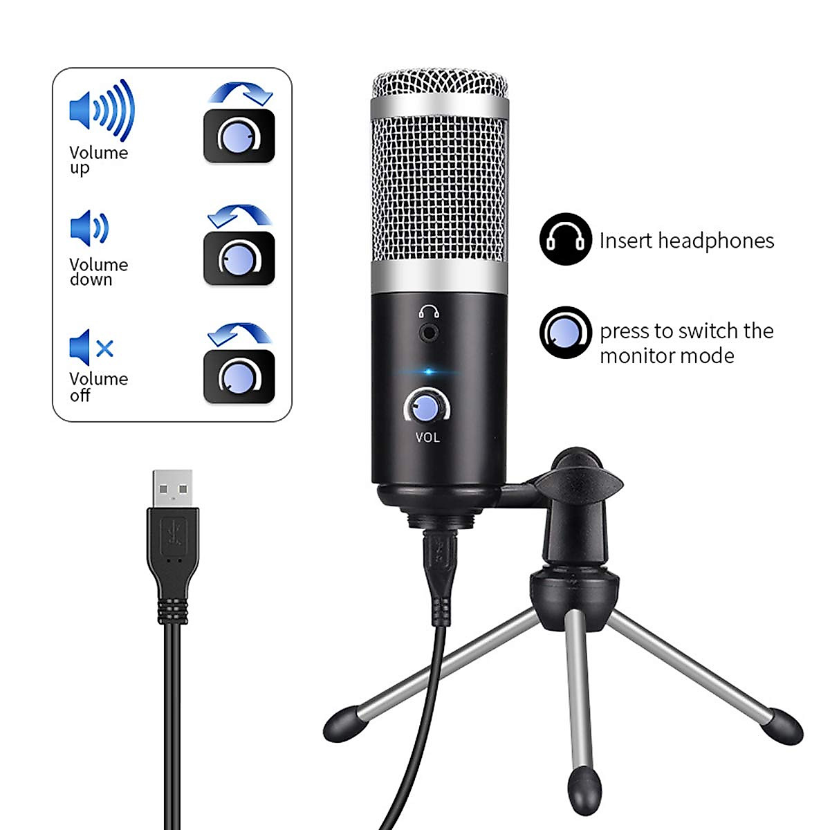 Tmtop Computer USB Microphone Laptop Condenser Recording External Microphone for Podcasting Video Chat Streaming Broadcast