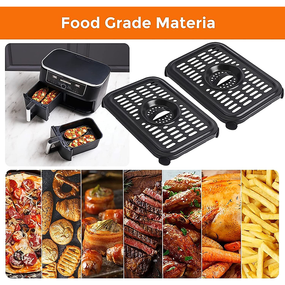 Air Fryer Grill Pan for Ninja Foodi DZ090/DZ201/DZ100（US）AF300（UK）6-in-1 7.6L Dual Zone Air Fryer, 2-Pack Replacement Crisper & Grill Plates with Rubber Bumpers, Dishwasher Safe