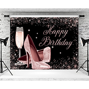Rose Gold Glitter Happy Birthday Backdrop High Heels Champagne Glass Photography Background for Adult Women Birthday Party Decorations Banner Photo Booth 7x5ft