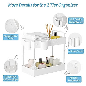 Ormeli Under Sink Organizer, 2 Tier Bathroom Sink Storage Under Cabinet Organizer Baskets Kitchen Countertop Organizer Multi-purpose Bath Collection Baskets with 6 Hooks 2 Hanging Cups (White, 2)