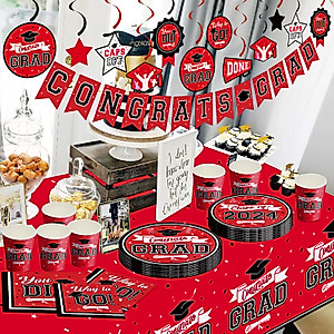DAZONGE Graduation Decorations Class of 2024 Red and Black, Disposable Graduation Tableware Kit for 50 Guests, Plates, Napkins, Cups, Tablecloth and Hanging 2024 Graduation Party Decorations