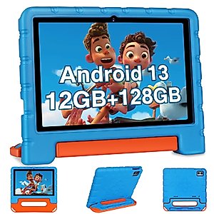 Kids Tablet 10 inch Android 13 Tablets for Kid with Shockproof Case, 12GB+128GB, Octa-Core, 1280 X 800 HD Touchscreen, IWAWA Pre-Installed Parental Control, 2.4G/5G WiFi, 6000mAh, Bluetooth-Blue