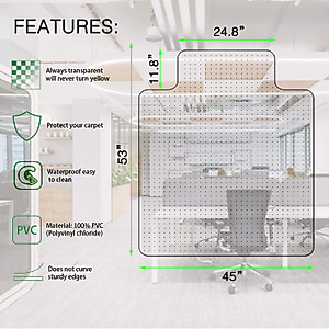 100pointONE Chair Mats for Carpeted Floors - 53'' x 45'' 0.09'' Thick Transparent Floor Mats for Low Flat and No Pile Carpet, with Grippers (53'' x 45'' with Lip)