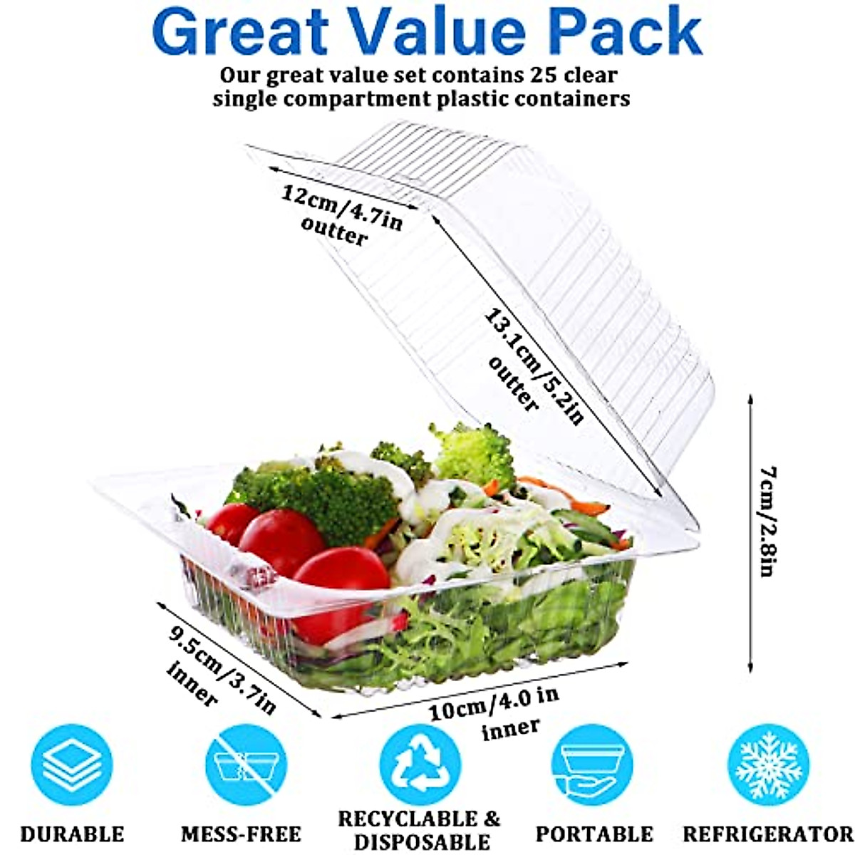 Clamshell Food Containers 50pcs Clear-Hinged Plastic Containers, Durable Dessert Containers for Cakes, Sandwiches, Salad and Fruits, Stackable Clear To Go Plastic Containers Keep Your Food Fresh