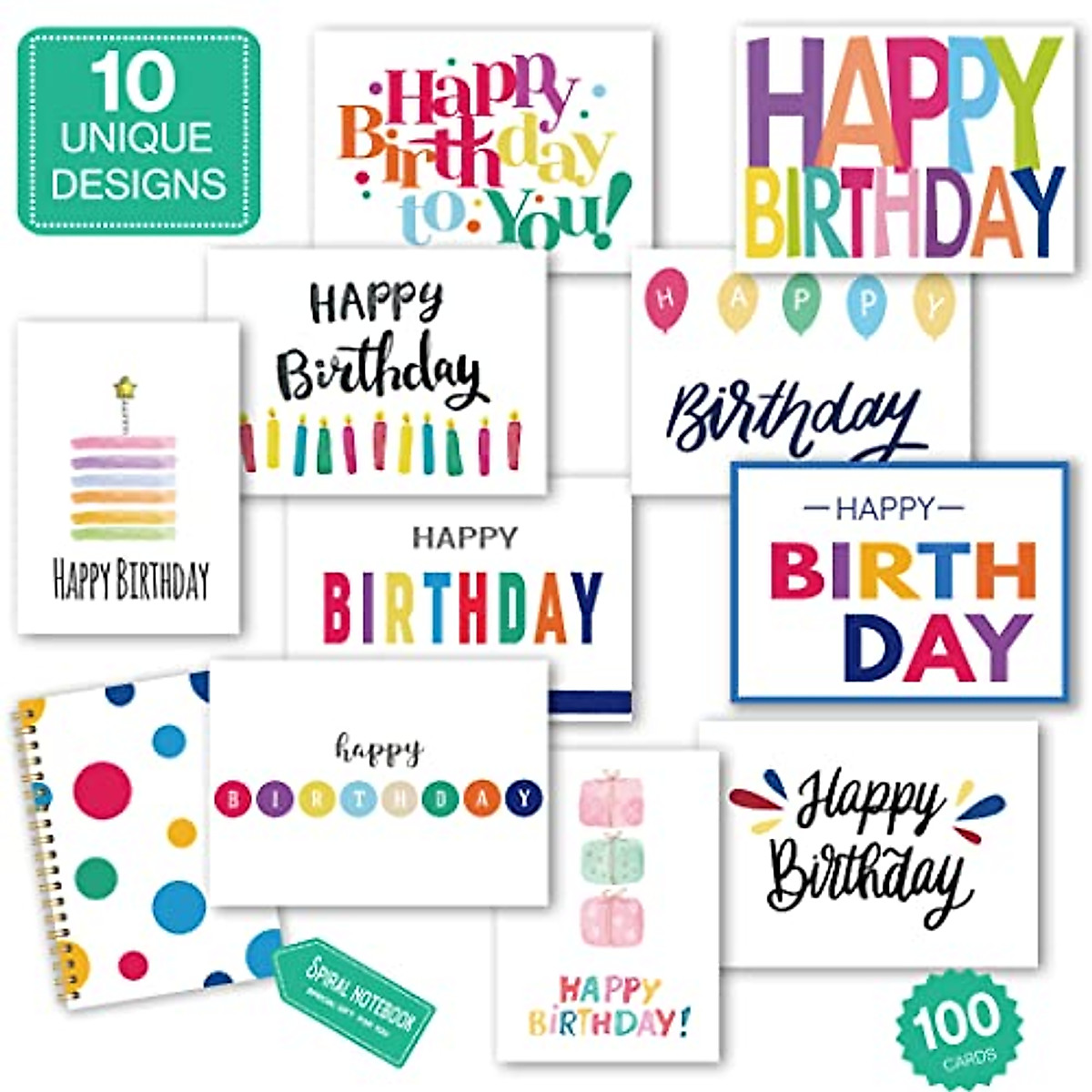 100 Birthday Cards, Happy Birthday Cards Bulk with Short Message Inside, 5x7 Inch Thick Card Stock Assorted Birthday Cards with Envelopes,10 Unique Designs Birthday Cards for Men and Women.