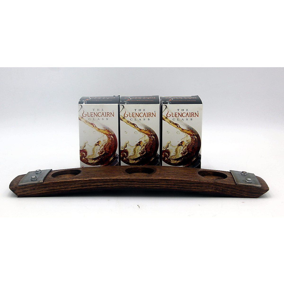 Barrel-Art Barrel Stave Premium 3 Glass Whiskey Flight Serving Tray with Glencairn Glasses, Dark Walnut