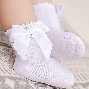 CozyWay Baby Girls Ankle Socks White Bow Toddler Infants Cotton Socks 6 Pairs For Girls, 0-9 Months