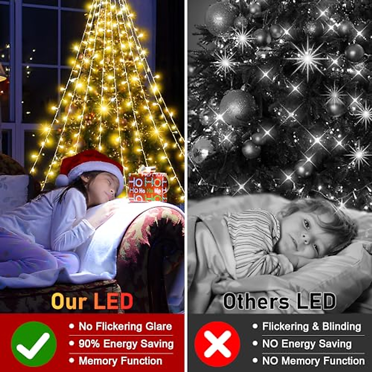 XURISEN Outdoor Christmas Decorations Star Light,11.8 ft 337 LED Waterfall Tree Lights with Topper Star String Lights Plug in, 8 Modes Christmas Lights for Party Home Holiday Decor(Warm White)