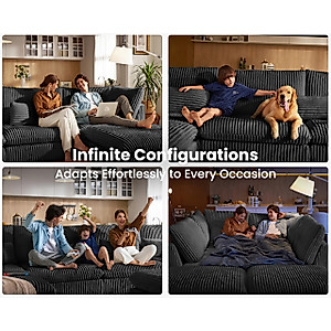 Cloud Oversized Modular Sofa, 160" Corduroy Wide Seat Sectional with Reversible Chaise, Shaped Couches Modern Comfy Fluffy Cushion Sleeper Sofa Bed with Convertible Ottoman for Living Room 6 Seater