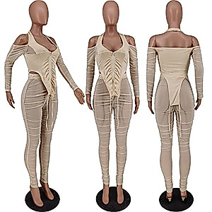 Uni Clau Women Sexy Sheer Mesh Deep V Neck Two Piece Outfits Long Sleeve See Through Skinny Long Pants Club Long Romper Jumpsuit Beige M
