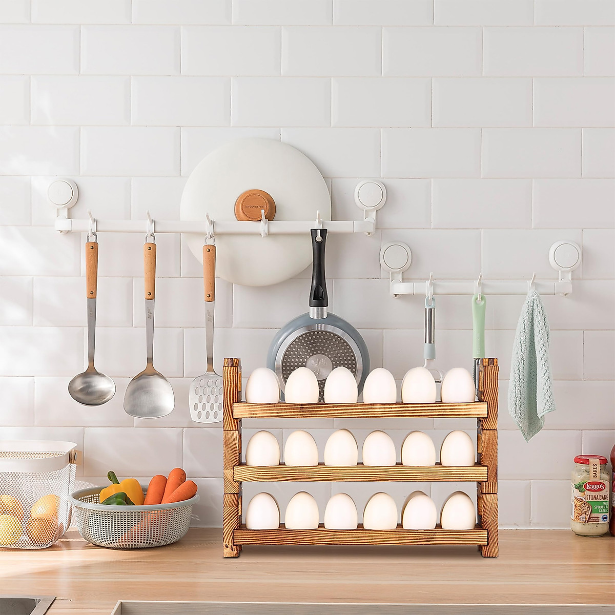 CVHOMEDECO. Wooden Egg Holder Fresh Egg Holders Countertop Firewood Egg Collecting Rack for Gathering Fresh eggs, Stackable with 36 eggs, Home Kitchen Organizer, Set of 3 PCS