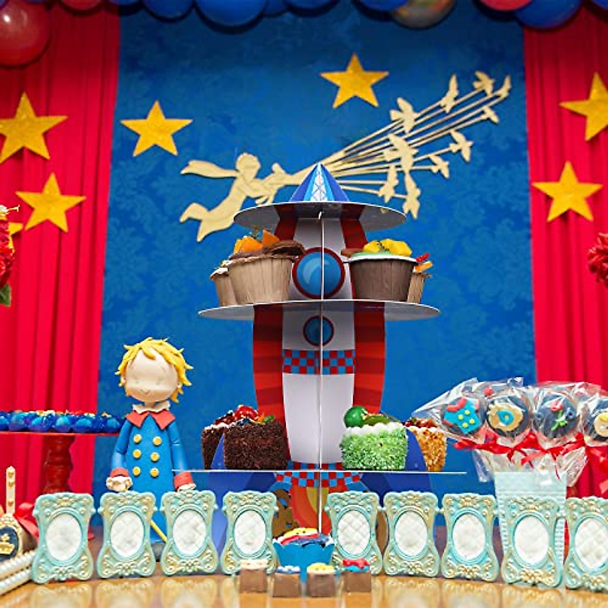 3 Tiers Rocket Cupcake Stand Outer Space Cardboard Cupcake Holder Galaxy Party Dessert Tower Solar System Treat Stand for Kids Space Birthday Decor Baby Shower Family Gathering Supplies
